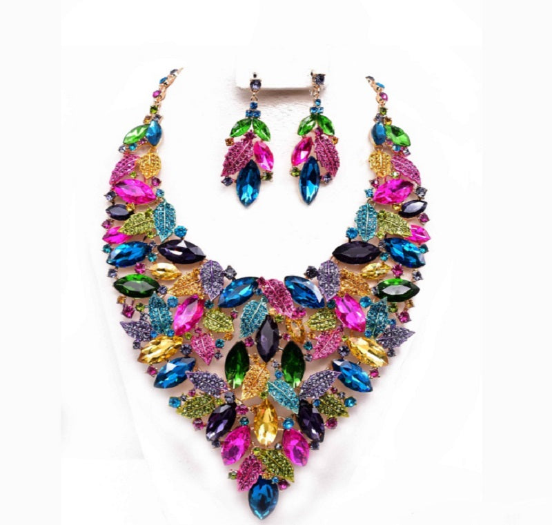 LARGE GOLD NECKLACE SET MULTI COLOR STONES ( 12694 GMU ) – Ohmyjewelry.com