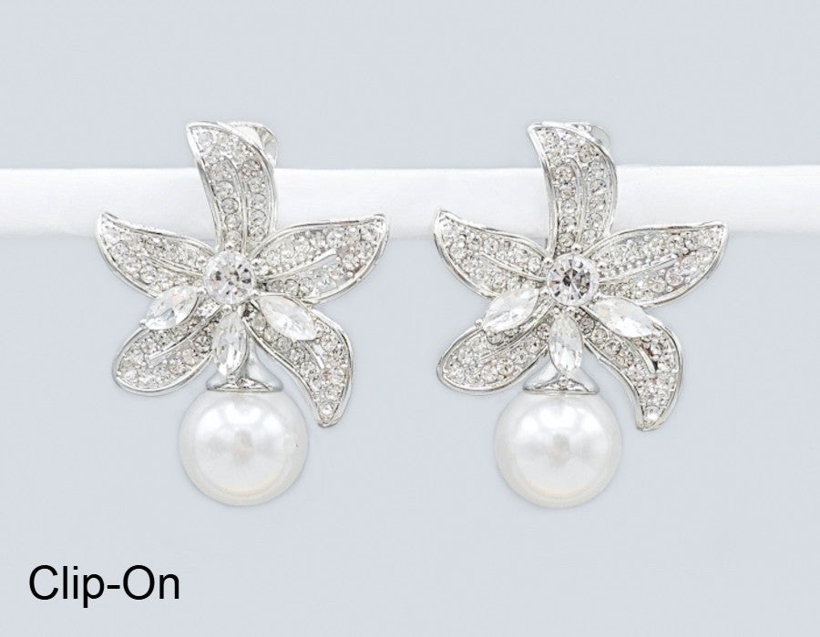 SILVER FLOWER CLIP ON EARRINGS CLEAR STONES WHITE PEARLS ( 2747 RHCRM ...