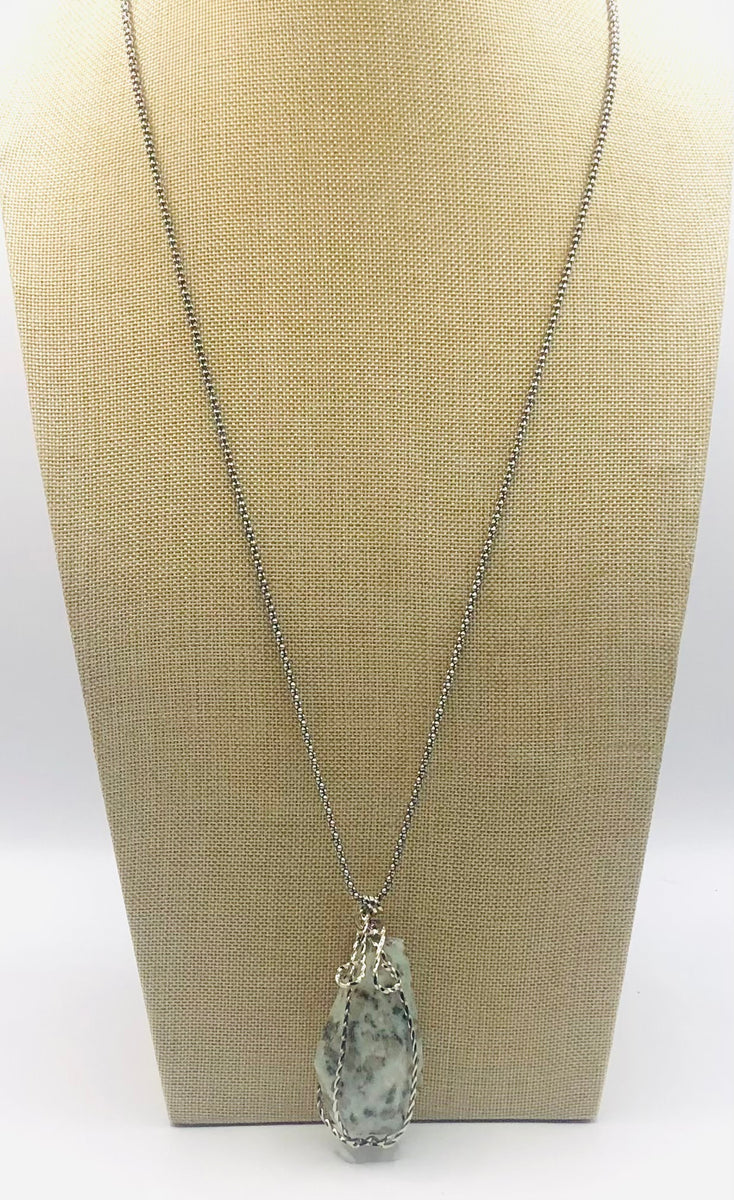 Long Silver Necklace Stone Pendant ( 56 10 WB ) – Ohmyjewelry.com