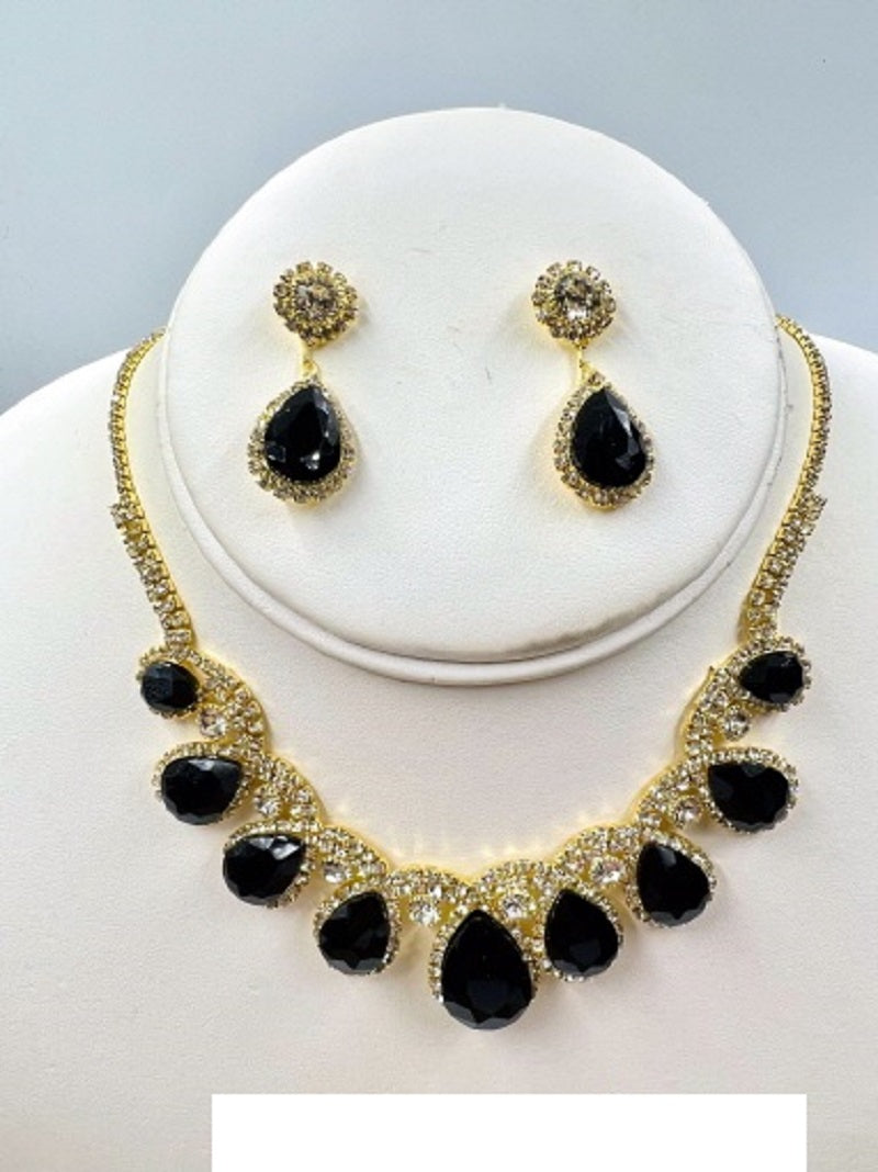 GOLD NECKLACE SET BLACK DROP CLEAR STONES ( 017 2BK ) – Ohmyjewelry.com