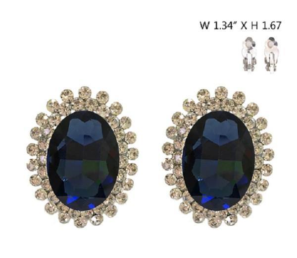 Large Navy Blue Oval Stone and Clear Rhinestone Clip On Earrings with ...