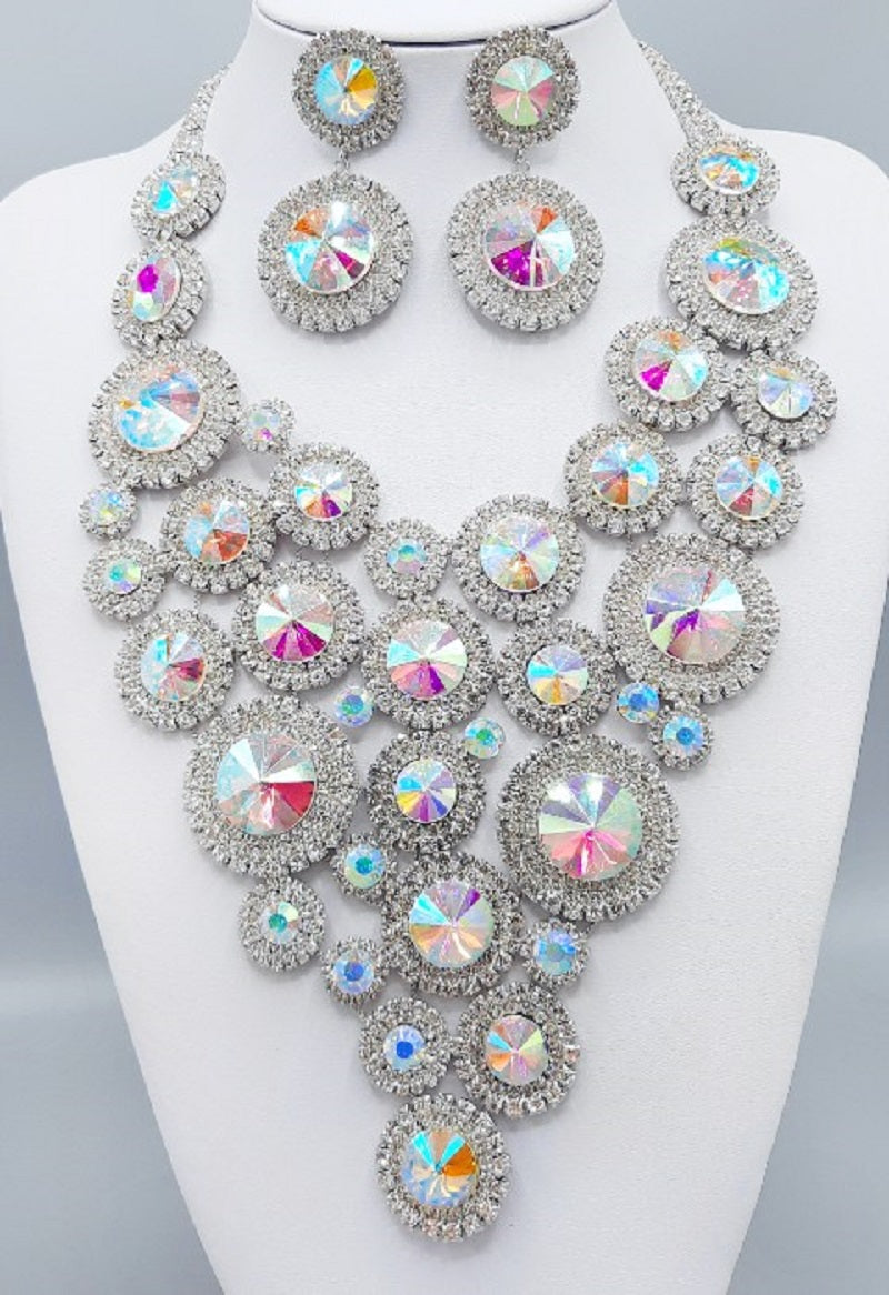 LARGE SILVER NECKLACE SET CLEAR AB STONES ( 3190 RHAB ) – Ohmyjewelry.com