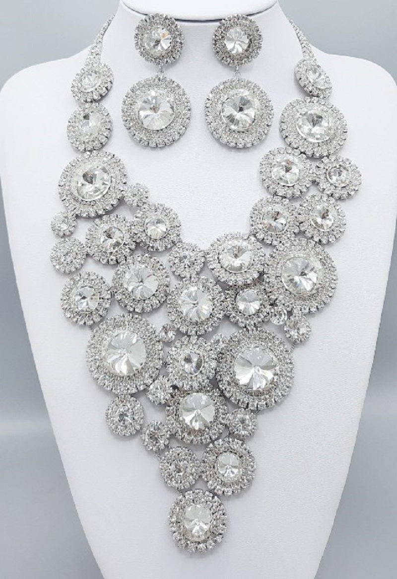 LARGE SILVER NECKLACE SET CLEAR STONES ( 3190 RHCRY ) – Ohmyjewelry.com