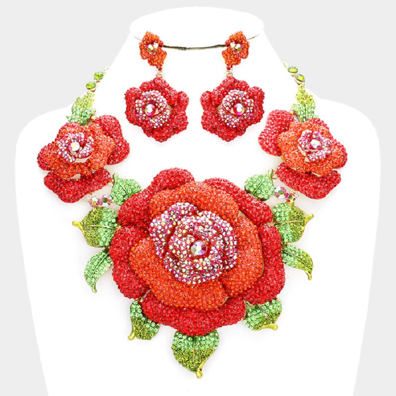 Over Size Red Crystal Flower Necklace Formal Set on Gold Hardware ( 91 ...