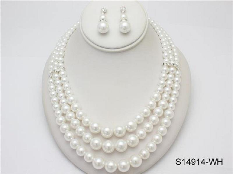 WHITE SILVER 3 LAYER PEARL NECKLACE SET CLEAR STONES ( 14914 SWH ...