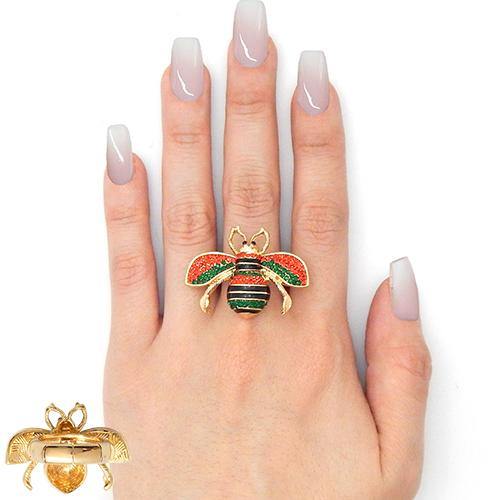 GOLD BLACK ENAMEL RED & GREEN RHINESTONE BEE STRETCH RING ( 2238 GDGMT ...